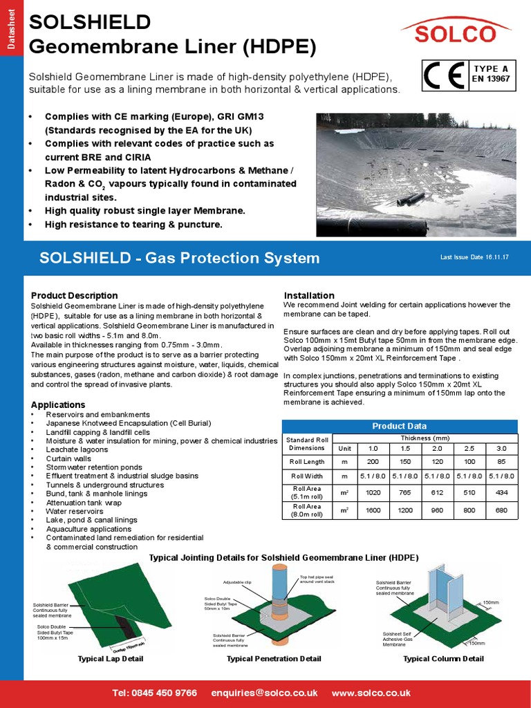 Solshield HDPE Geomembrane Datasheet | PDF | Polyethylene | Materials