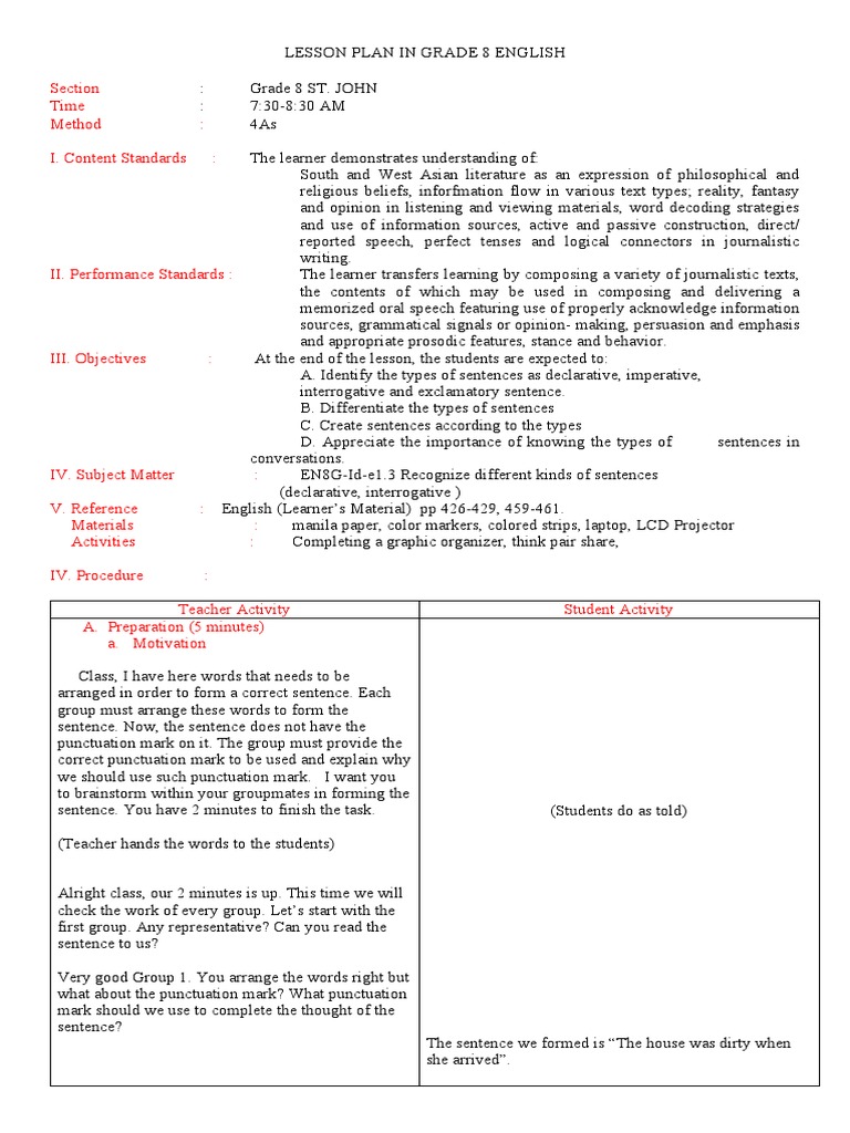 Detailed Lesson Plan Grade 8 Kinds of Sentences | PDF | Question ...