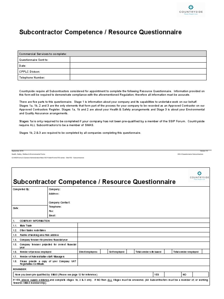 Subcontractor Competence / Resource Questionnaire: Commercial Services ...
