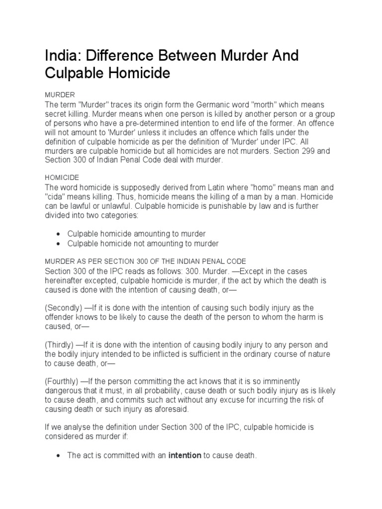 Difference Between Murder and Culpable Homicide | PDF | Murder | Homicide Difference Between Murder and Culpable Homicide | PDF | Murder | Homicide