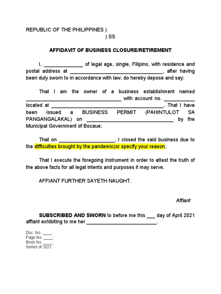 Affidavit of Business Closure | PDF