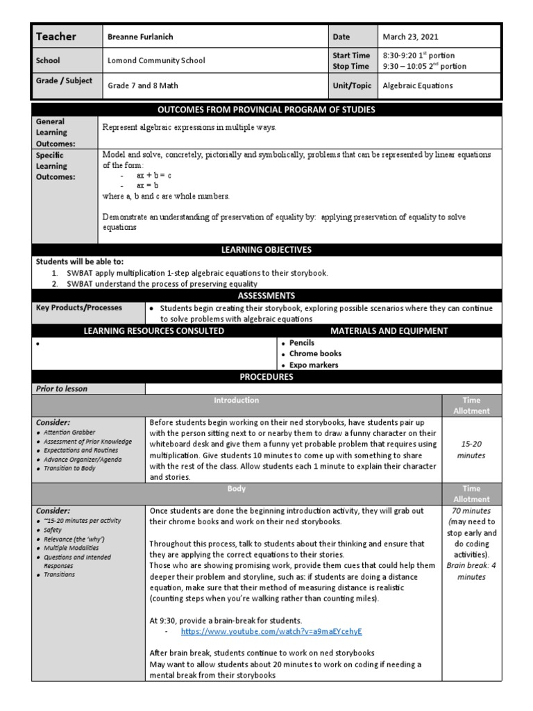 7 and 8 Math Lesson 4 | PDF | Equations | Learning
