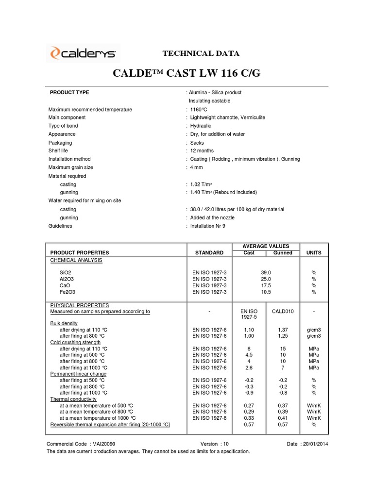 Calde™ Cast LW 116 C - G | PDF | Refractory | Density