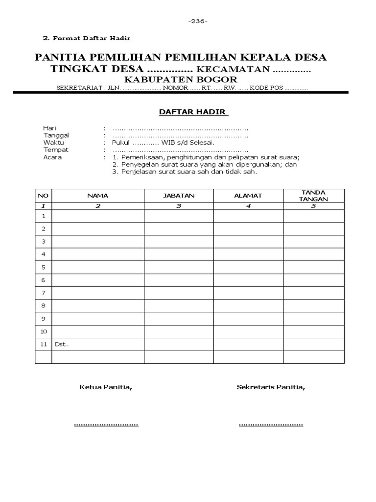 Format Daftar Hadir Panitia Pemilihan Kepala Desa | PDF