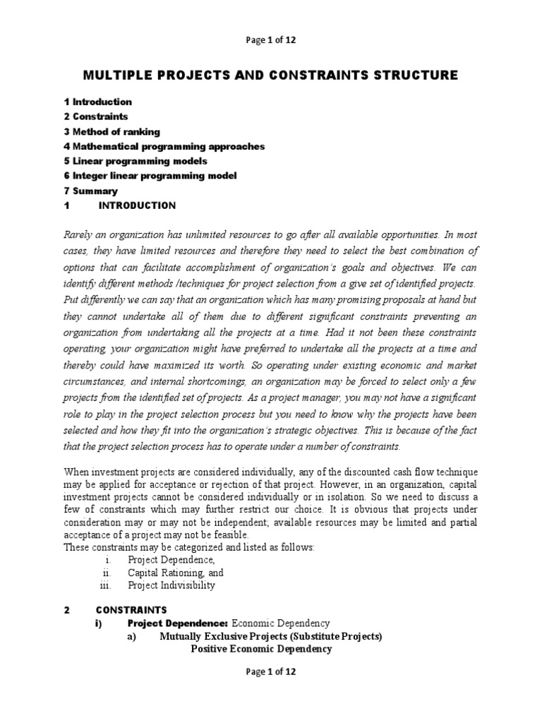 Multiple Projects and Constraints Structure | PDF | Net Present Value ...