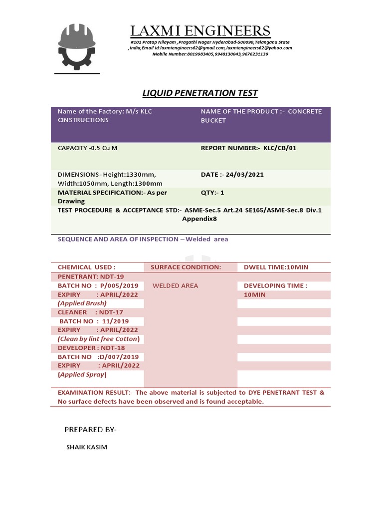 Laxmi Engineers: Liquid Penetration Test | PDF