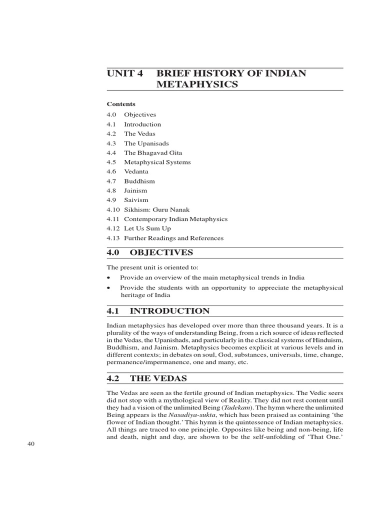 Unit 4 Brief History of Indian Metaphysics: 4.0 Objectives | PDF ... Unit 4 Brief History of Indian Metaphysics: 4.0 Objectives | PDF ...