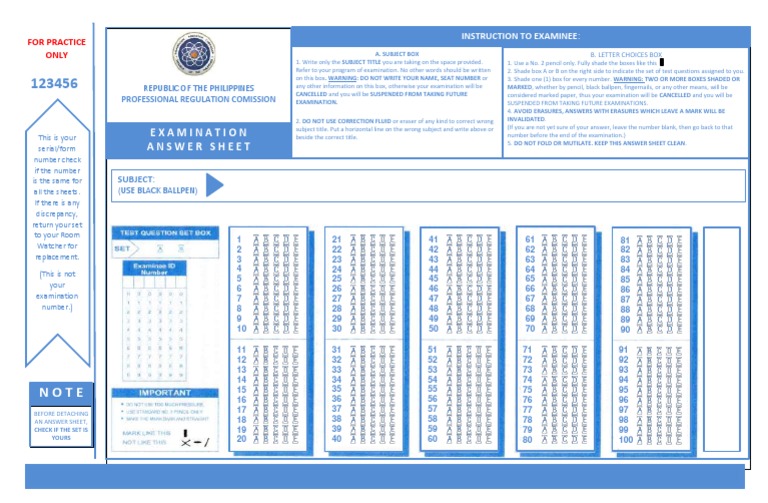 Examination Answer Sheet: For Practice Only | PDF | Test (Assessment ...