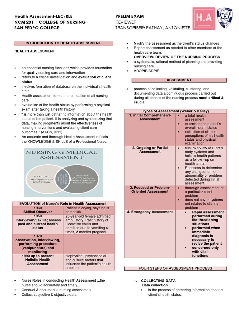 Health Assessment-LEC/RLE Prelim Exam NCM 201 - College of Nursing San ...