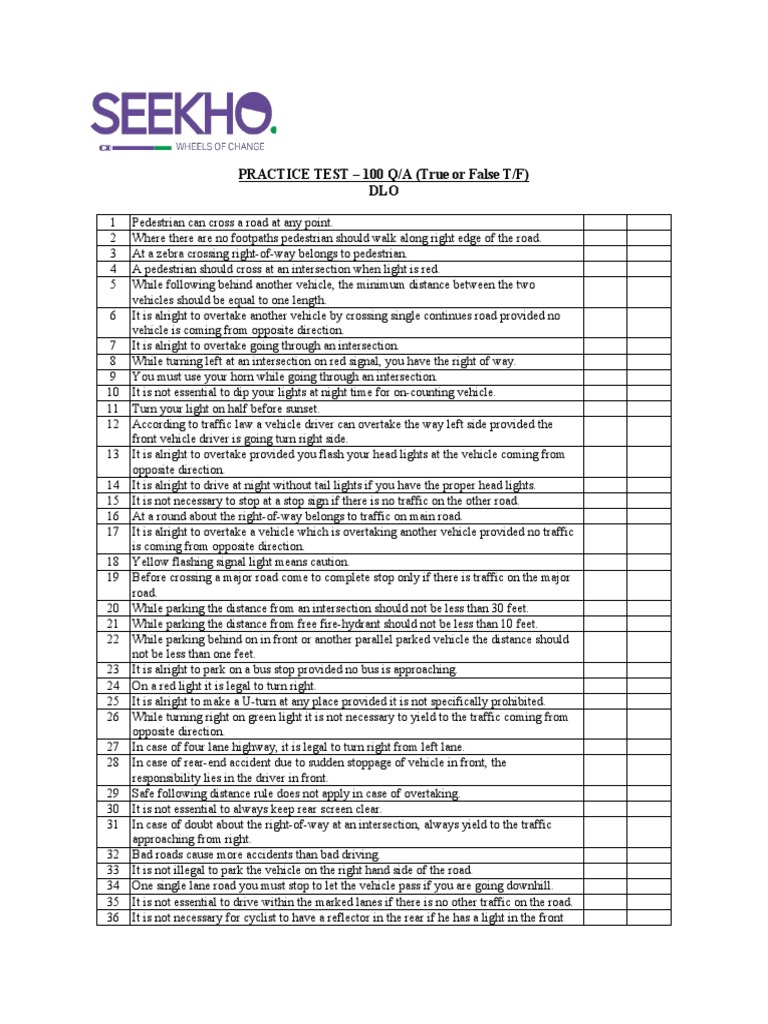 Driving Test Answers - True/False | PDF | Traffic | Traffic Light