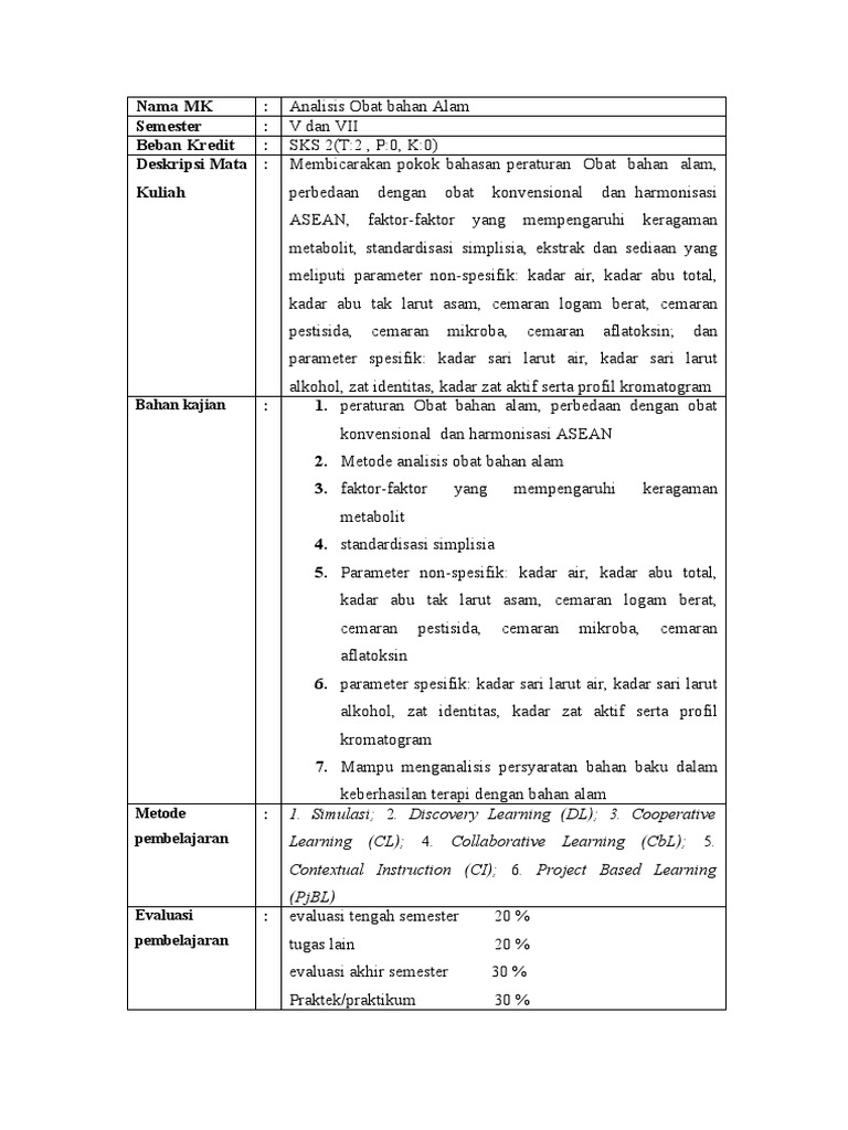 RPS Analisis Obat Bahan Alam | PDF