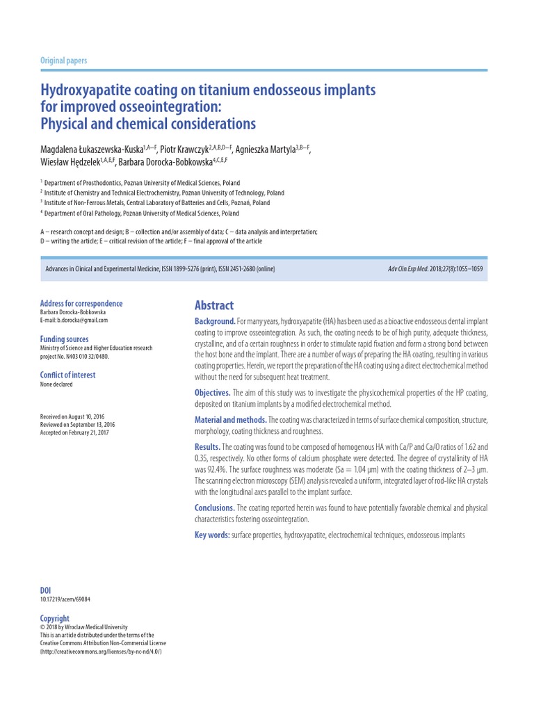 Hydroxyapatite Coating On Titanium Endosseous Implants | PDF | Scanning ...