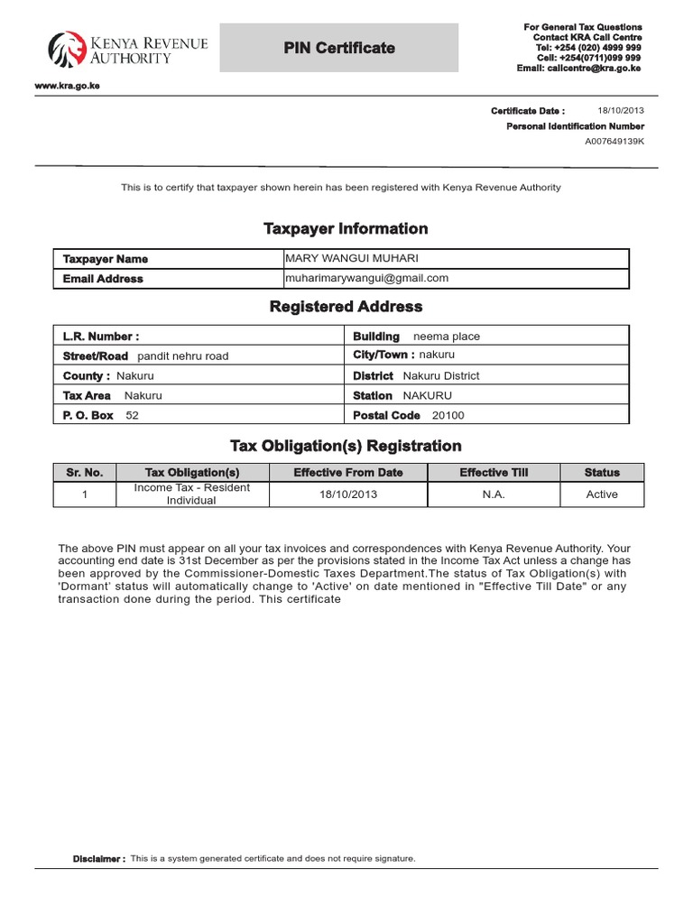 PIN Certificate: This Is To Certify That Taxpayer Shown Herein Has Been ...