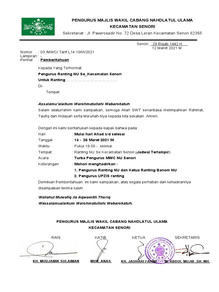 Pemberitahuan Ranting NU (Turba Pengurus) | PDF