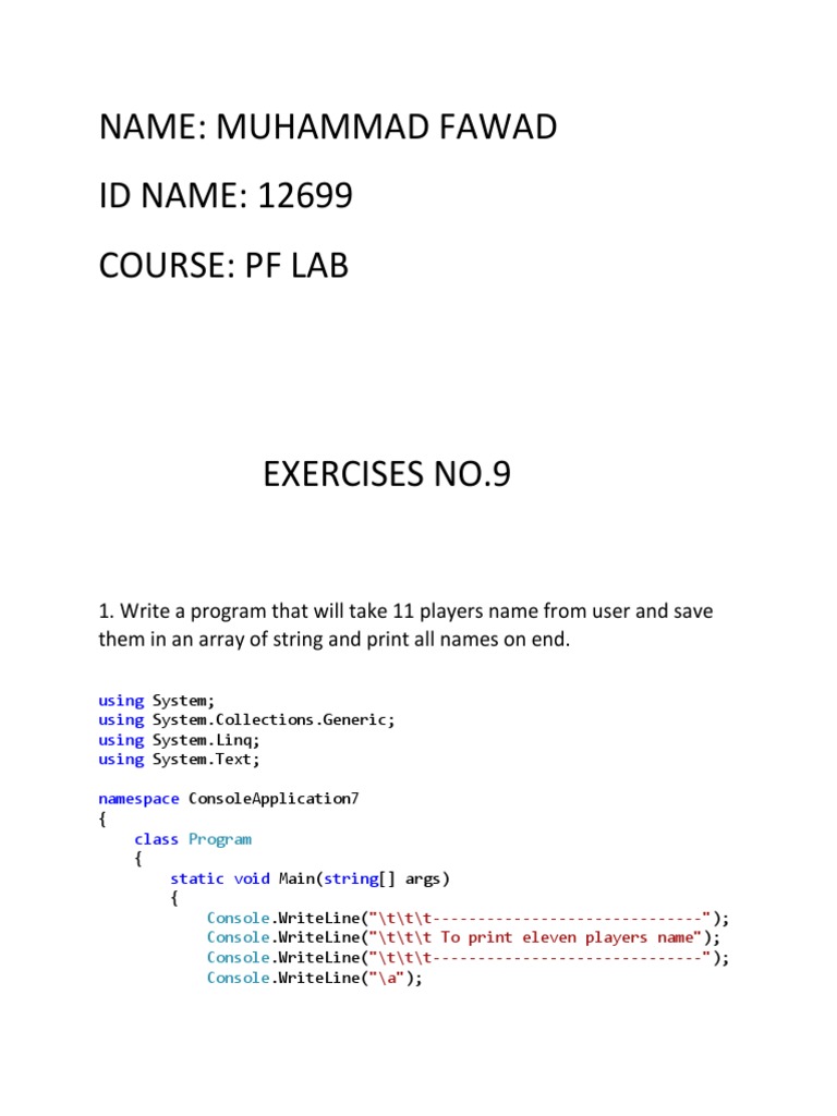Name: Muhammad Fawad ID NAME: 12699 Course: PF Lab | PDF | Namespace | Computer Engineering