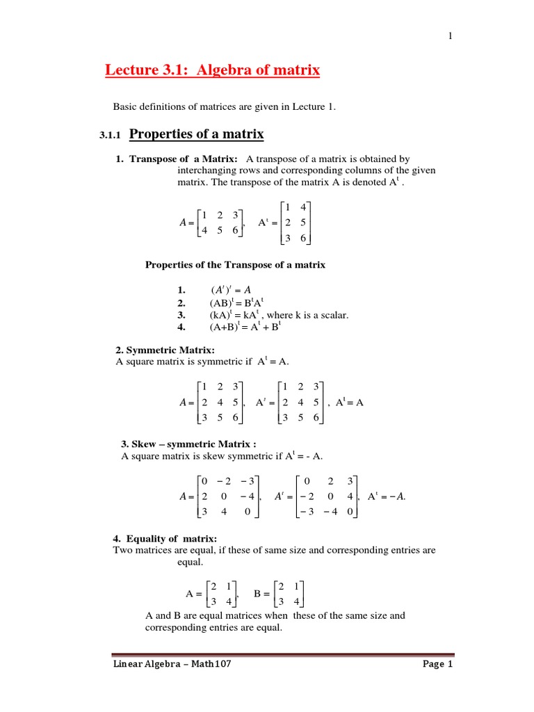 Lecture 3.1: Algebra of Matrix | PDF | Matrix (Mathematics) | Algebra