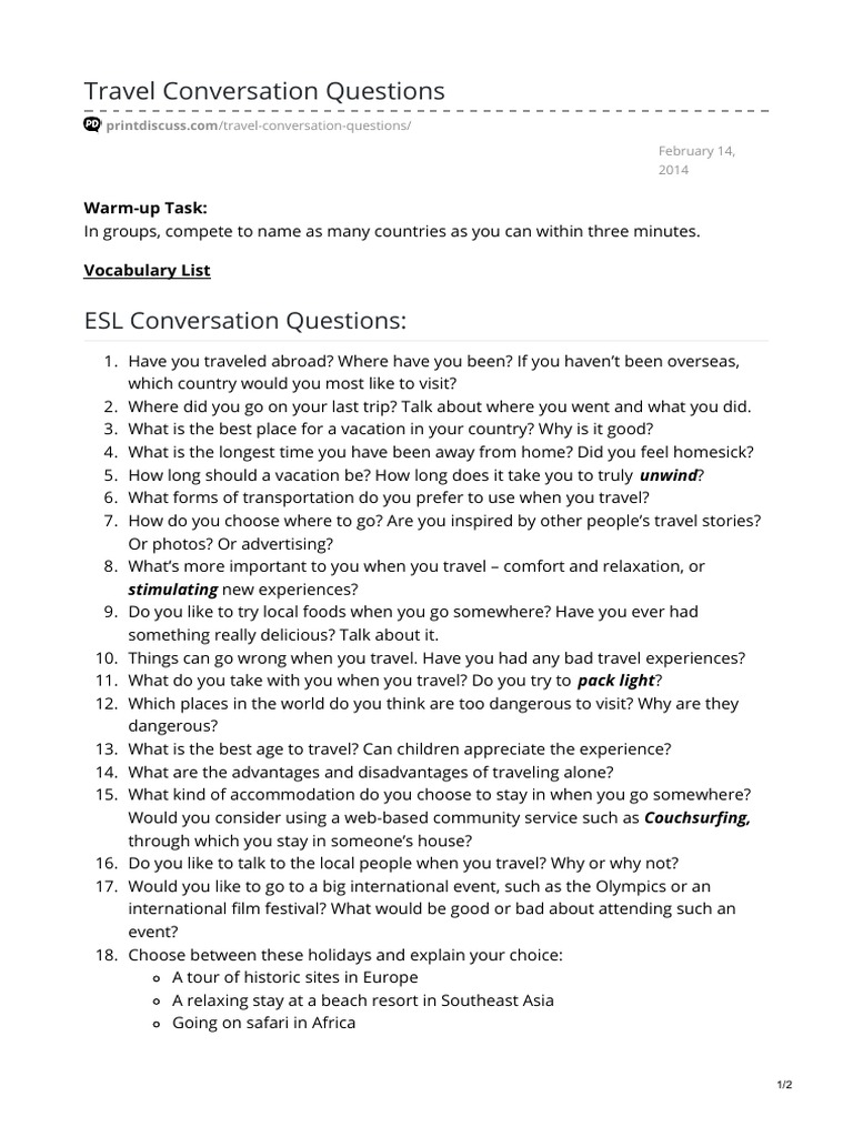 Travel Conversation Questions | PDF