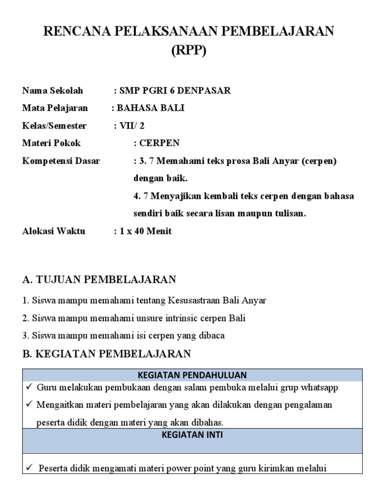 RPP Kelas 7 Cerpen | PDF