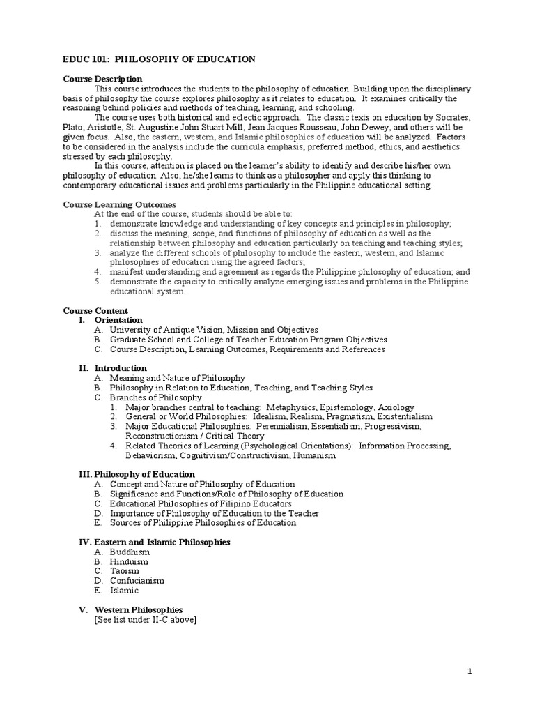 Educ 101: Philosophy of Education Course Description | PDF | Philosophy ...