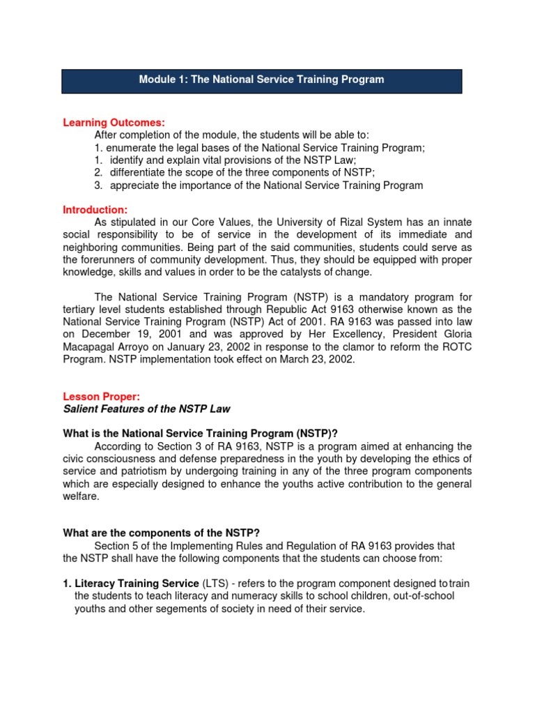 Learning Outcomes:: Module 1: The National Service Training Program ...