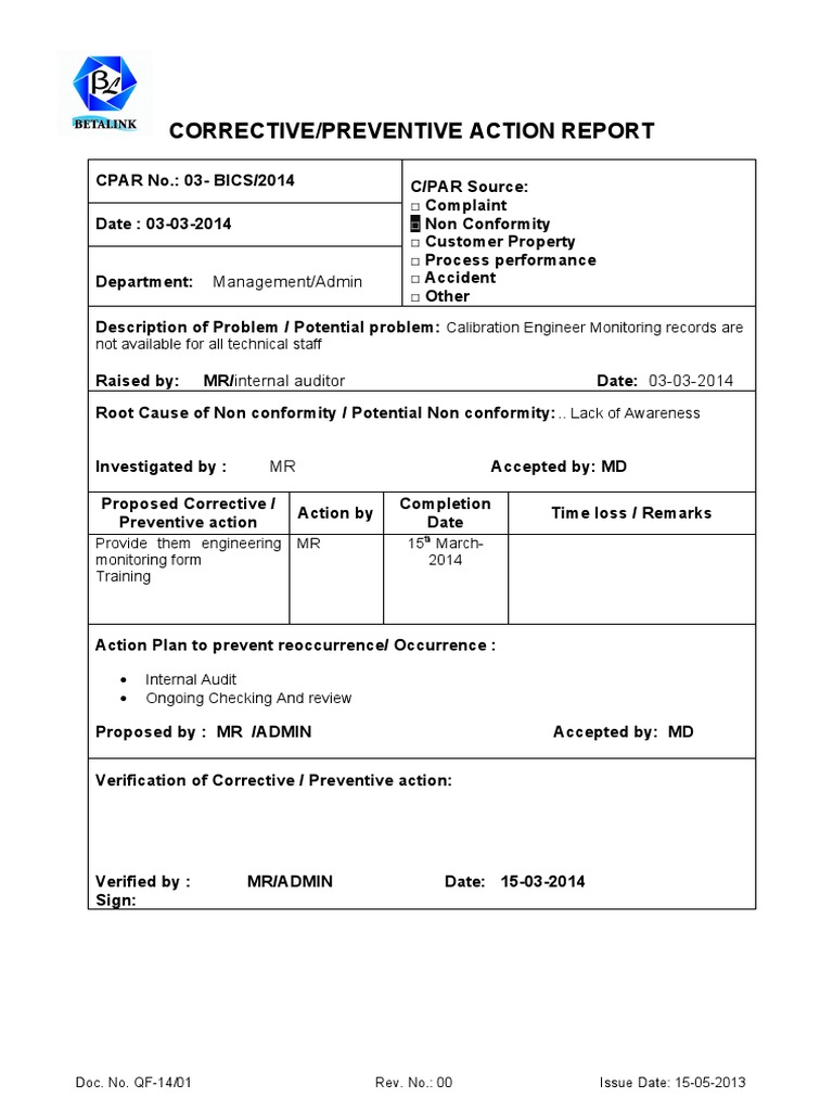 Corrective/Preventive Action Report: Calibration Engineer Monitoring ...