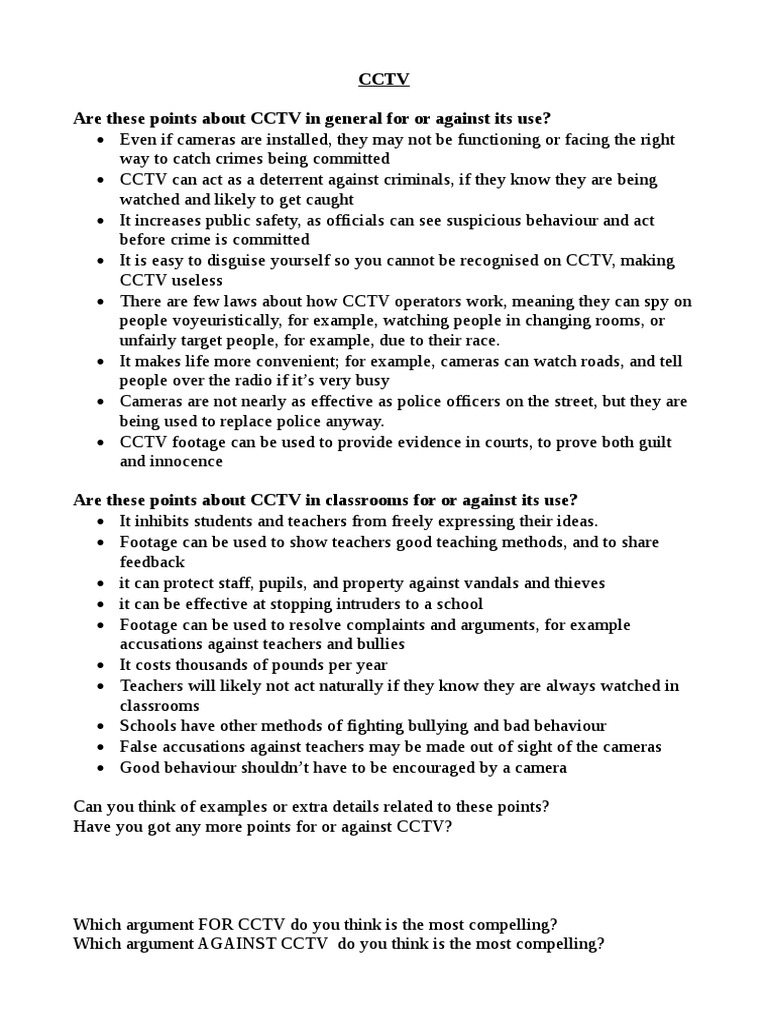 CCTV Are These Points About CCTV in General For or Against Its Use? | PDF