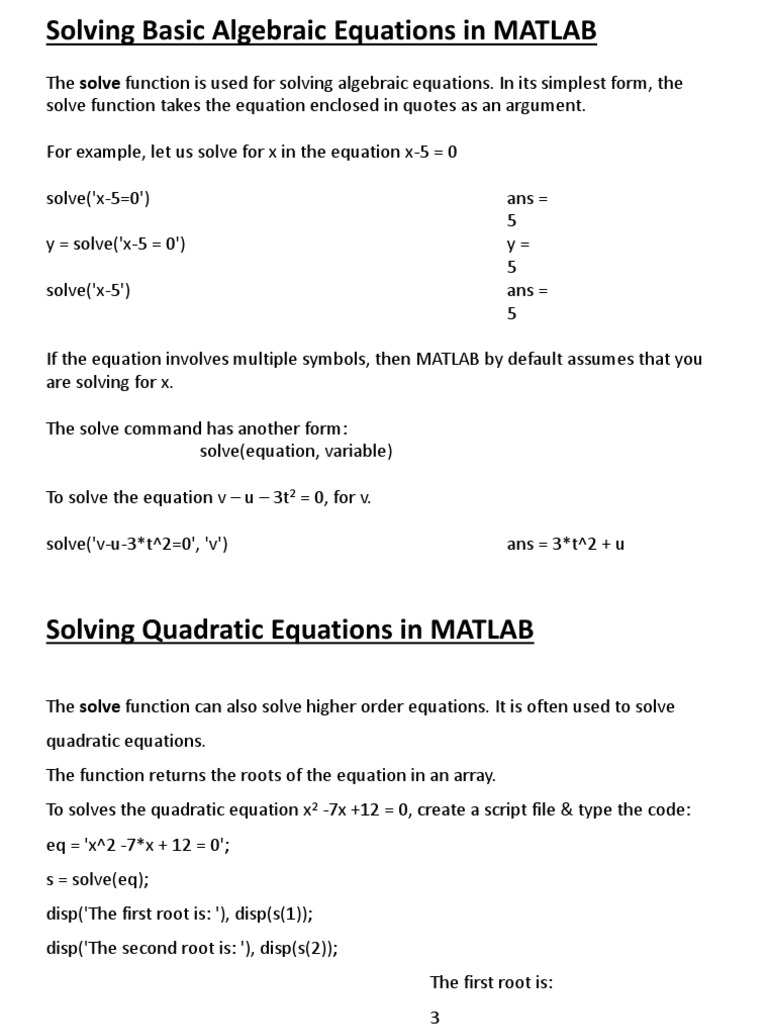 Algebra in MATLAB | PDF | Matlab | Equations
