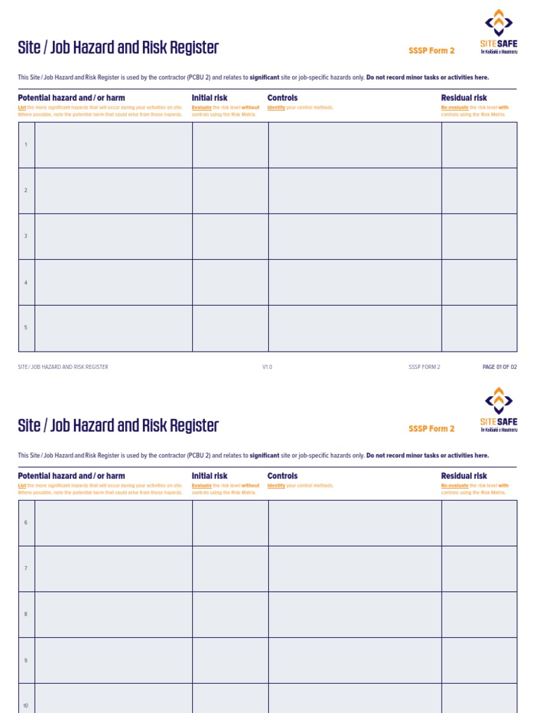 SSSP Form 2 - Site or Job Hazard and Risk Register | PDF