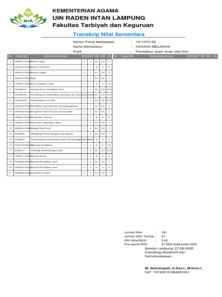 Transkrip 1911070152 | PDF