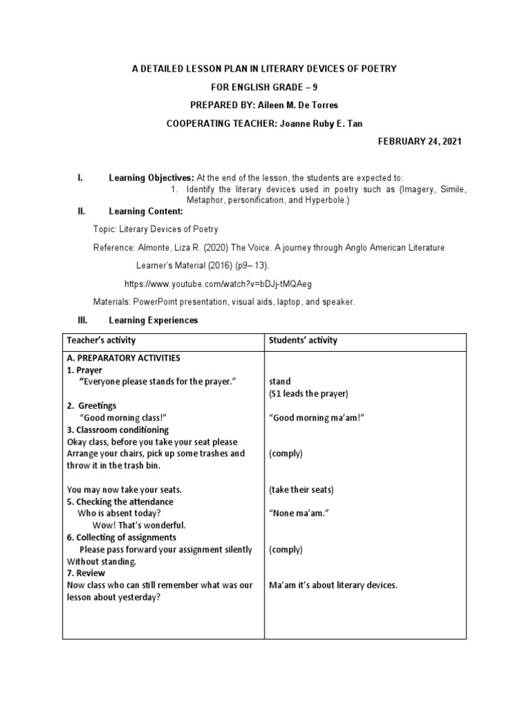 Grade 9 Poetry Literary Devices Lesson Plan | PDF | Anthropomorphism ...