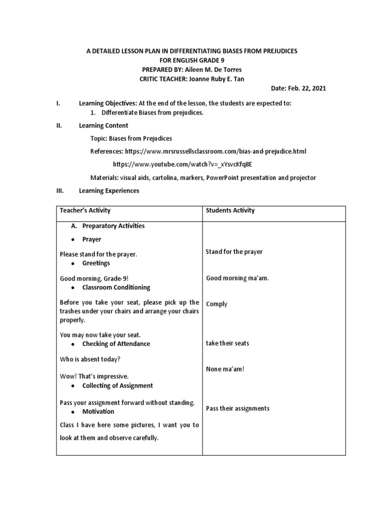 A Detailed Lesson Plan in Differentiating Biases From Prejudices ...