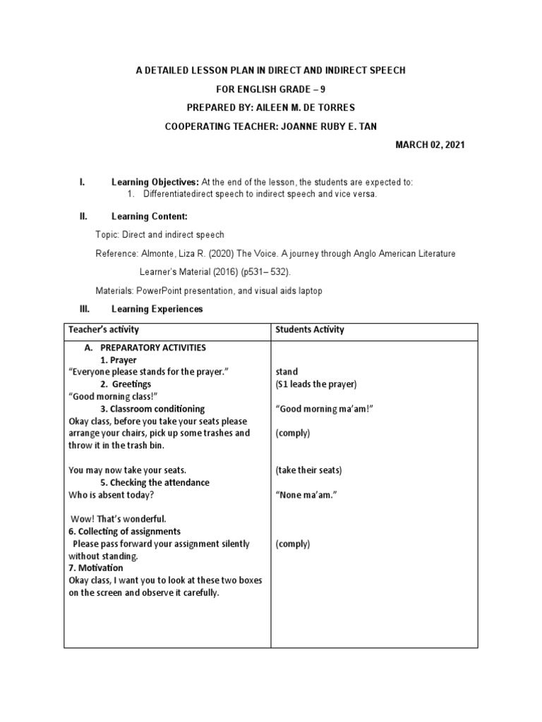 A Detailed Lesson Plan in Direct and Indirect Speech | PDF | Grammar ...