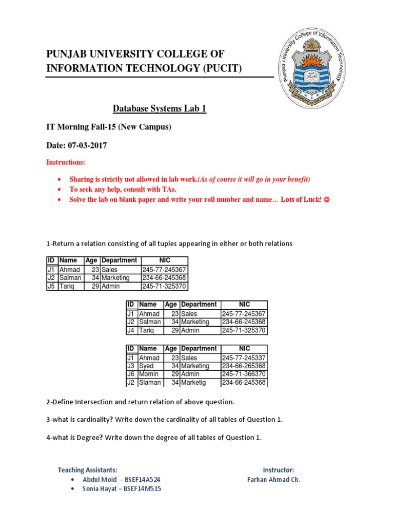Punjab University College of Information Technology (Pucit) : Database Systems Lab 1 | PDF ...