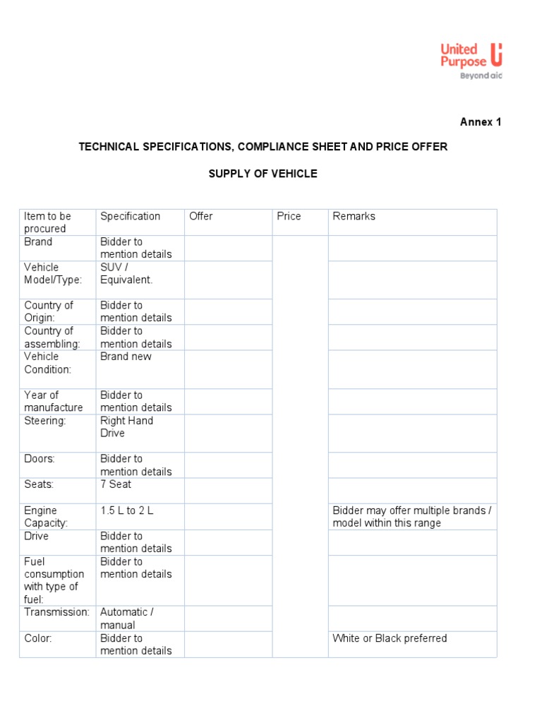 Annex 1 Technical Specifications, Compliance Sheet and Price Offer ...