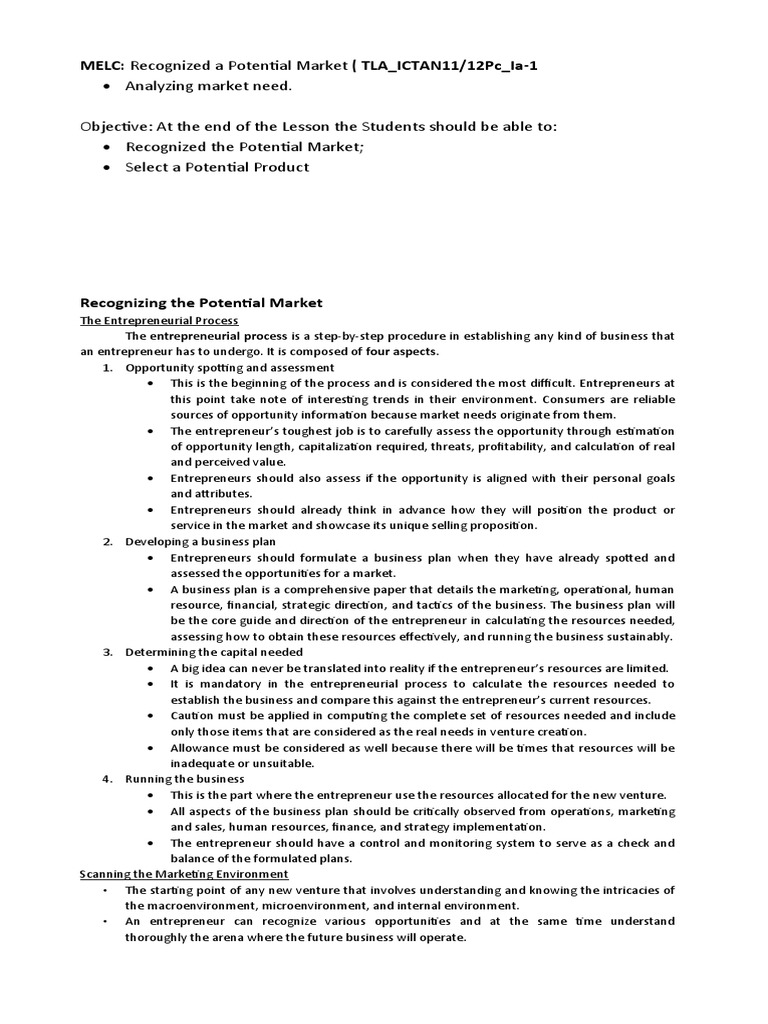 Recognizing The Potential Market | PDF | Entrepreneurship | Brainstorming