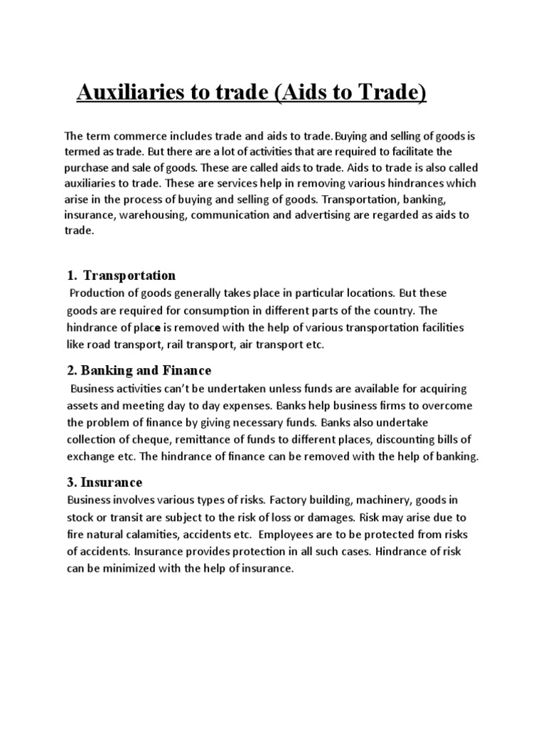 Auxiliaries To Trade (Aids To Trade) : 1. Transportation | PDF | Sales ...