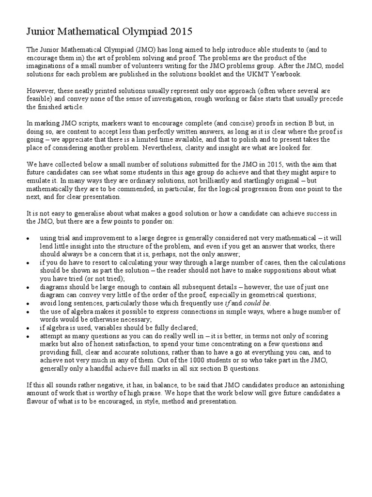 Jmo 2015 Sample Solutions | PDF | Teaching Mathematics | Science