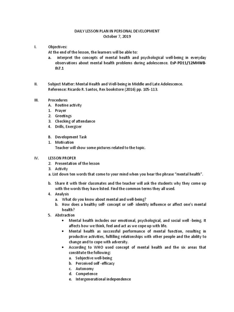 Daily Lesson Plan in Personal Development | PDF | Mental Health | Well ...
