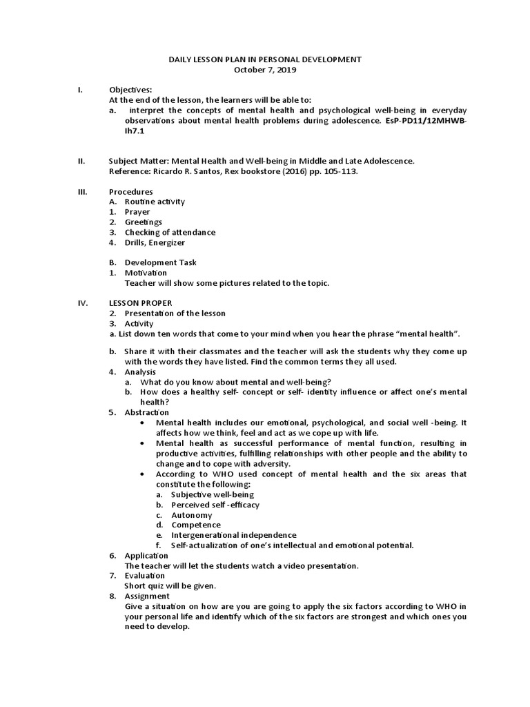 Daily Lesson Plans on Mental Health | PDF | Self Esteem | Adolescence