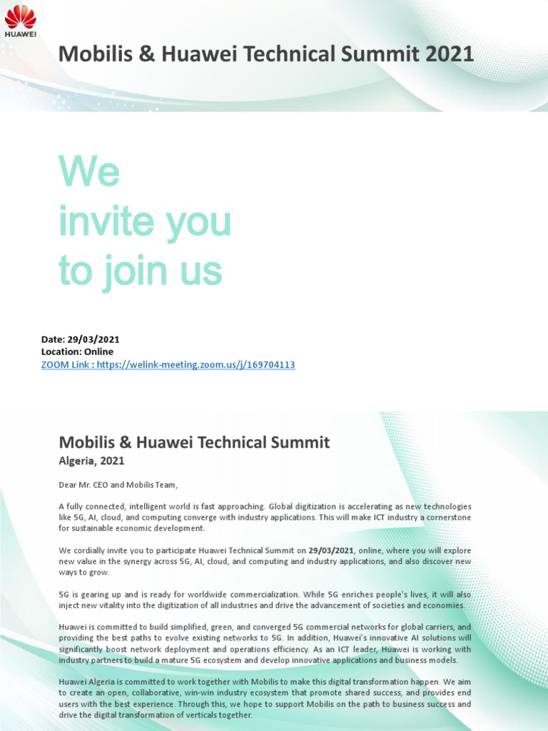 We Invite You To Join Us: Mobilis & Huawei Technical Summit 2021 | PDF ...