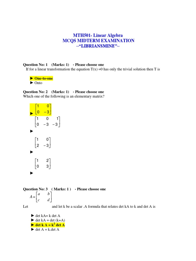 Mth501 Finalterm Mcqs With Reference 1 | PDF | System Of Linear ...