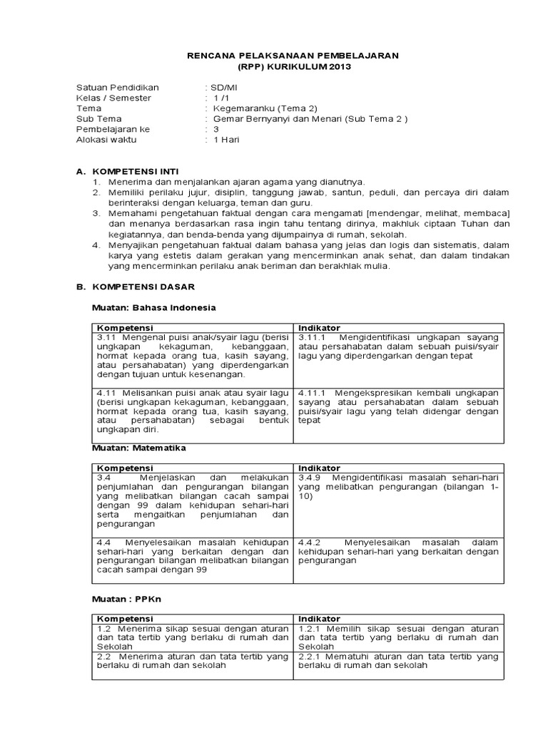 RPP SD Tema Kegemaranku: Bernyanyi dan Menari | PDF | Karier & Perkembangan