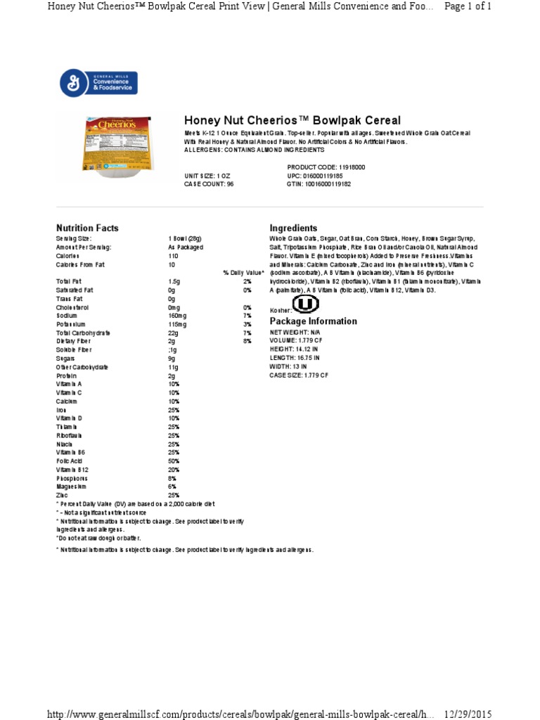 Cereal-Honey Nut Cheerios | PDF | Nutrition Facts Label | Vitamin
