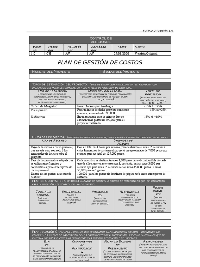 Plan de Gestión de Costos del Proyecto | PDF | Gestión de proyectos ...