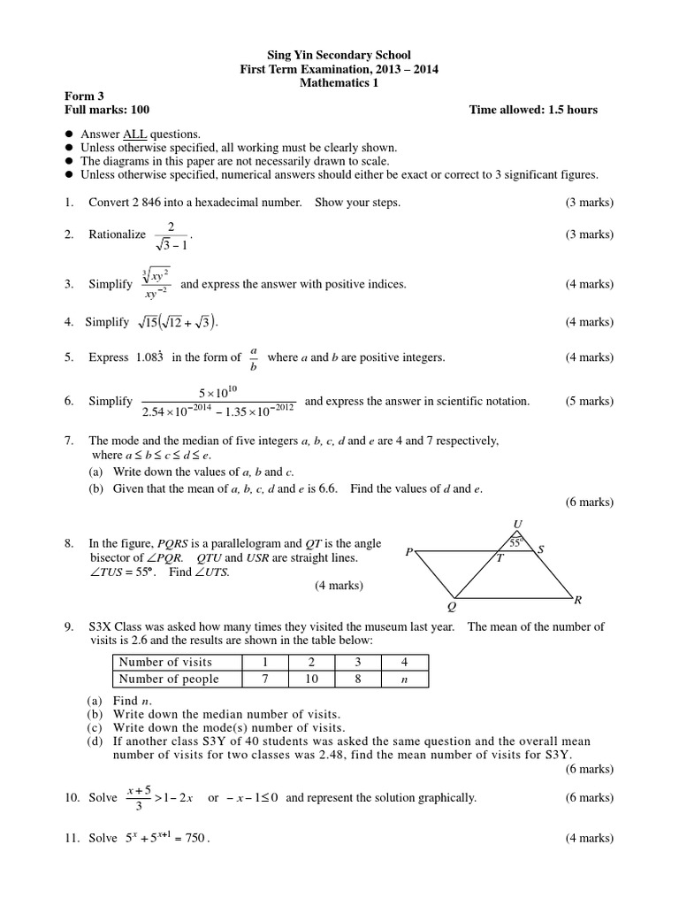 F3 Maths 1314 1stexam Paper 1 | PDF | Elementary Mathematics ...