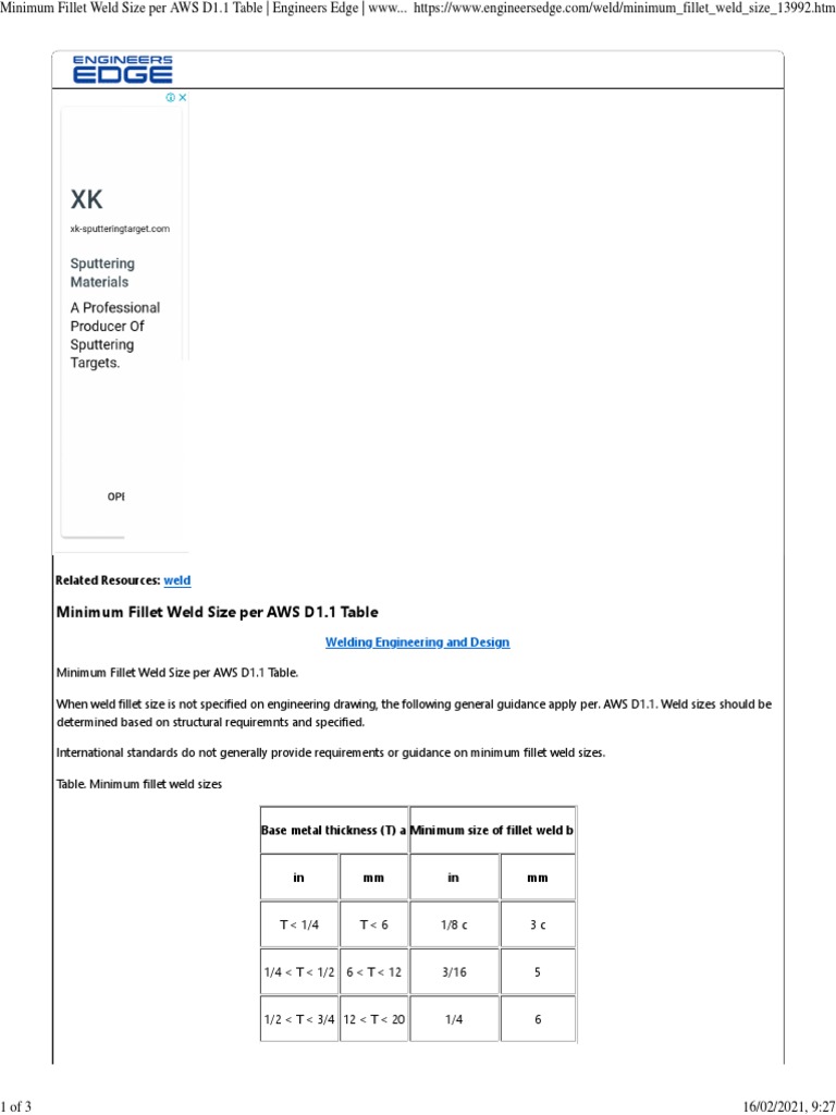 Minimum Fillet Weld Size Per AWS D1.1 Table | PDF | Welding | Construction