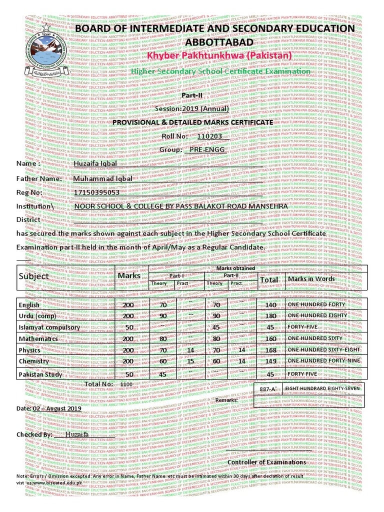Abbottabad Board HSSC Marks Certificate | PDF | Vocational Education ...