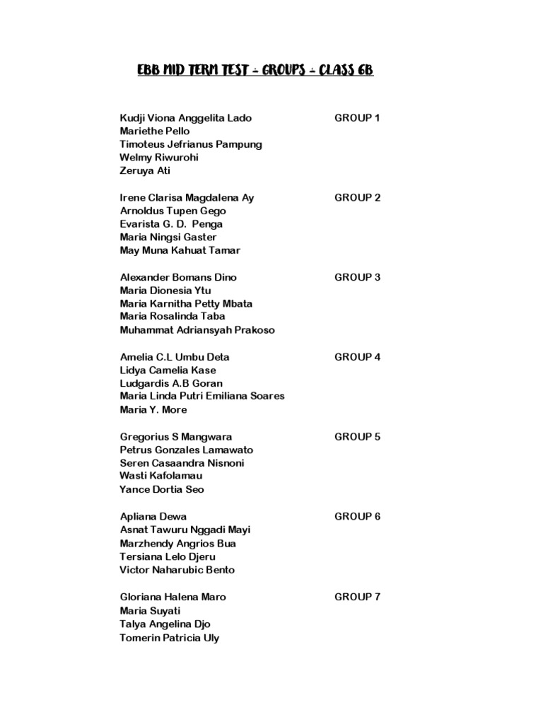 Ebb Mid Term Test - Groups - Class 6B | PDF