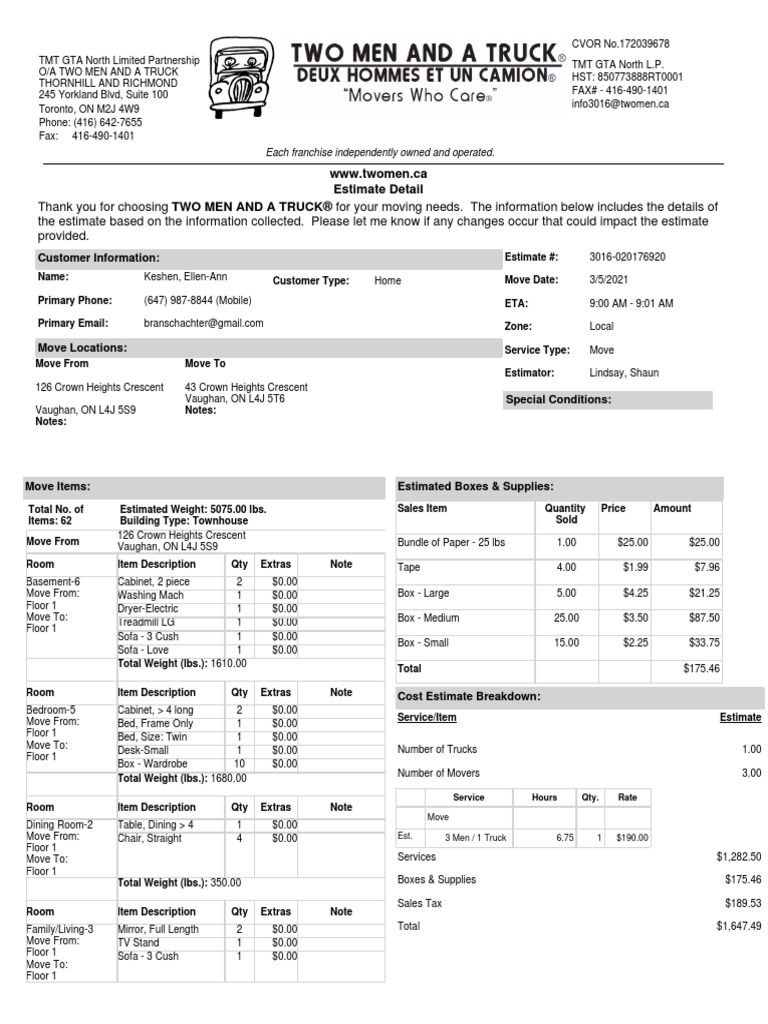 Two Men and A Truck Estimate First Pick | PDF | Business