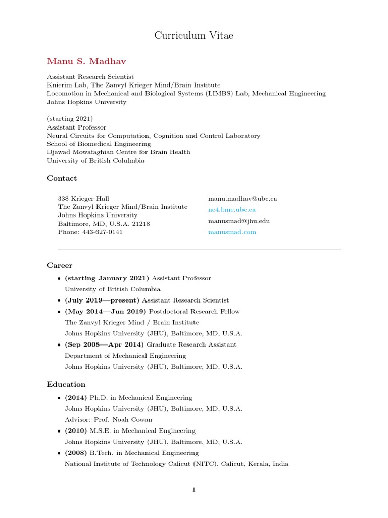 CV of Neural Circuits Researcher | PDF | Johns Hopkins University ...